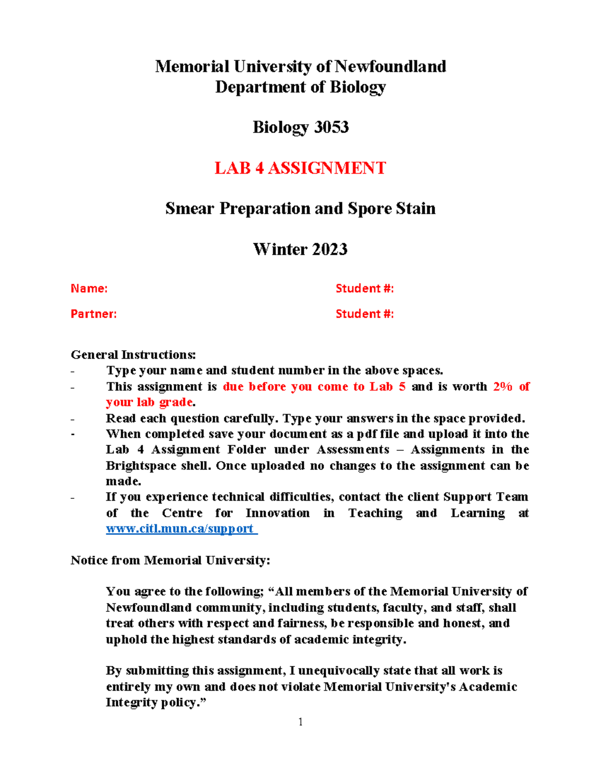 BIOL 3053 Lab 4 Assignment (Winter 2023) - Memorial University of ...