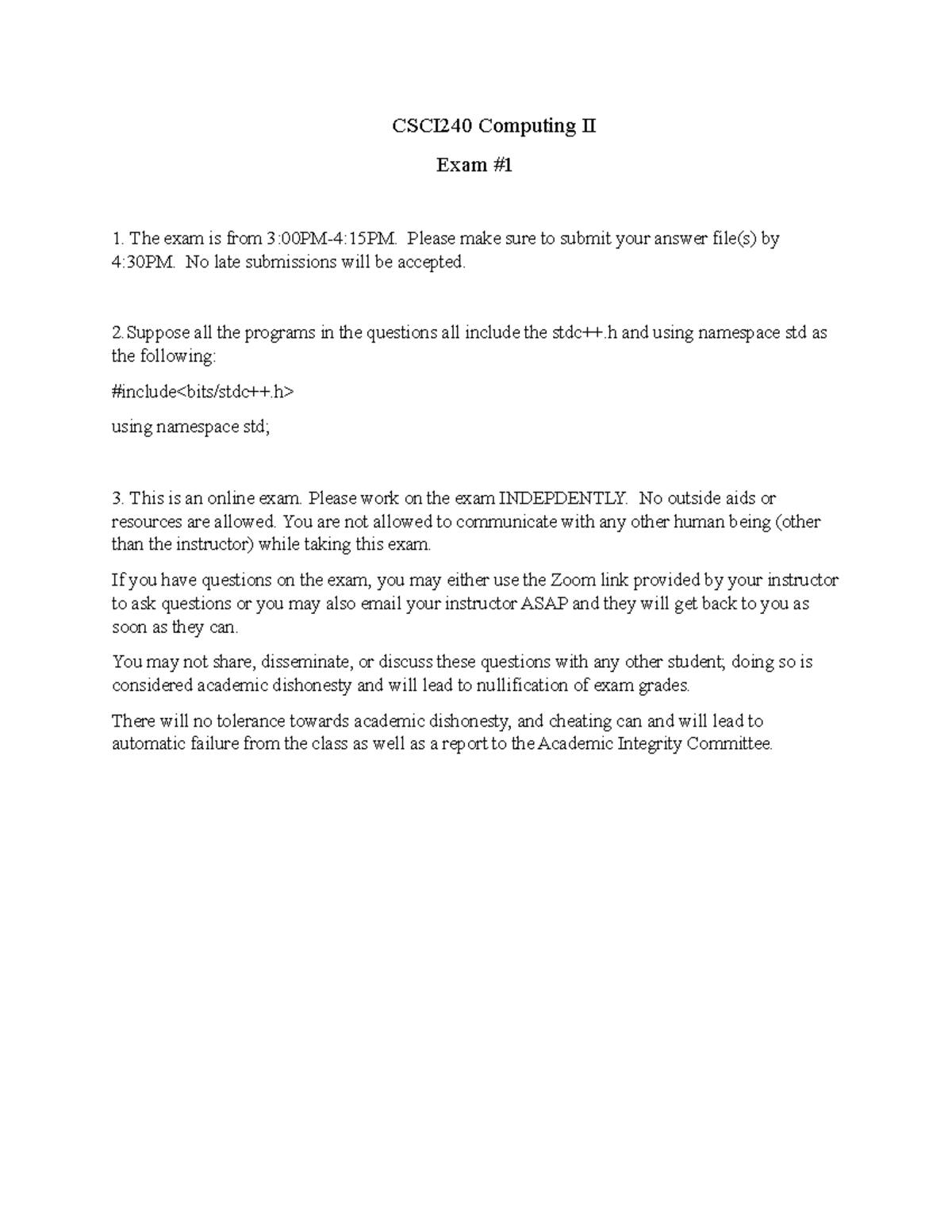 Exam Practice Questions - CSCI240 Computing II Exam 1. The exam is from ...