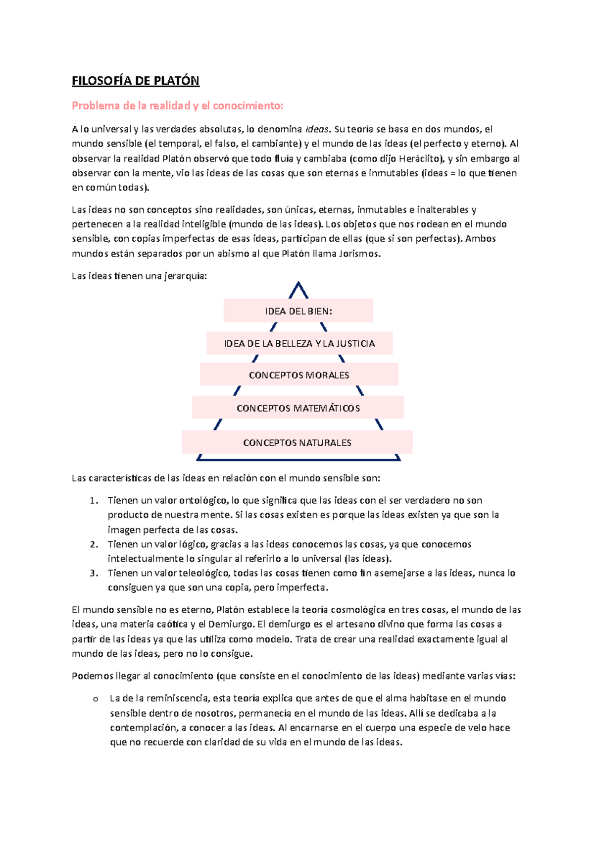 Resumen pensamiento Platón - FILOSOFÍA DE PLATÓN Problema de la realidad y el conocimiento: A lo ...