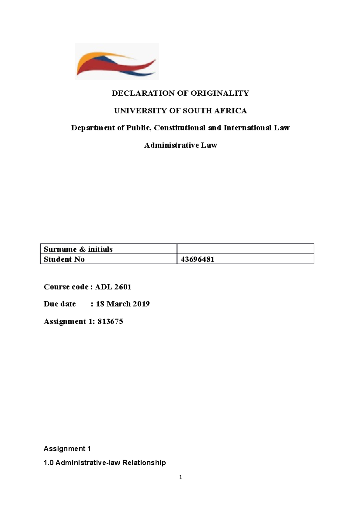 Assignment 1 - Grade: A - DECLARATION OF ORIGINALITY UNIVERSITY OF ...