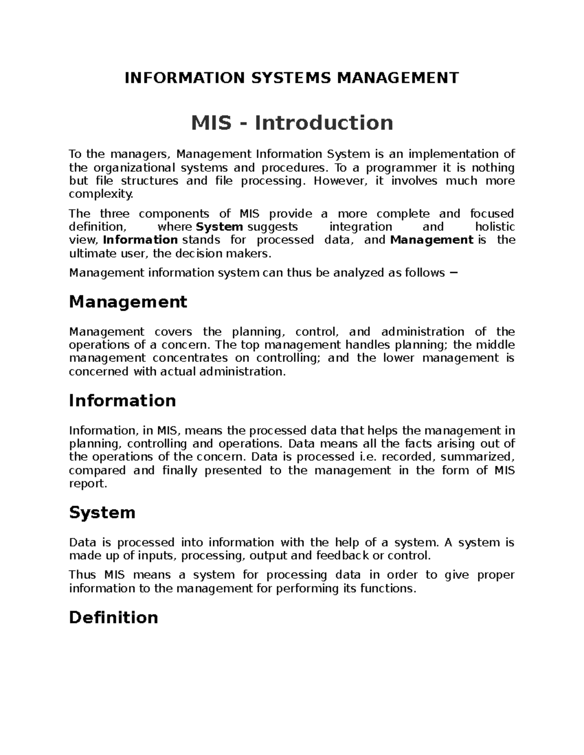 1. Introduction to information systems - INFORMATION SYSTEMS MANAGEMENT ...