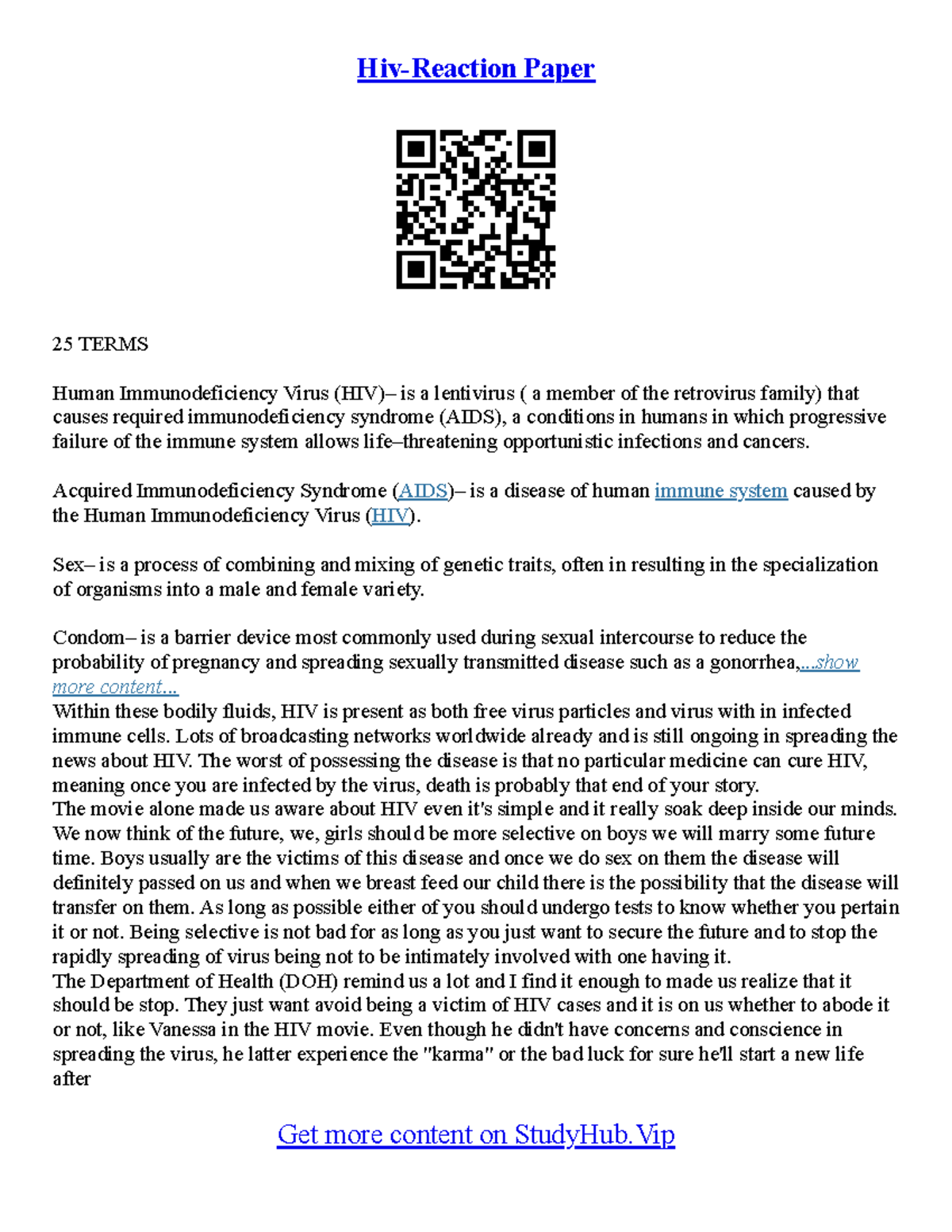 Hiv Essay Paper - Hiv-Reaction Paper 25 TERMS Human Immunodeficiency ...