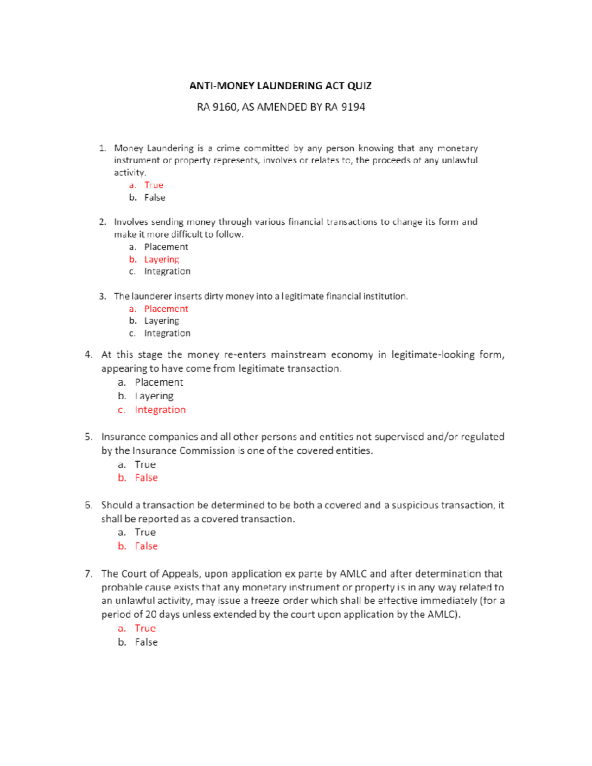 AMLC TEST BANK - amla - LAUNDERING ACT QUIZ RA 9160, AS AMENDED RA 9194 ...
