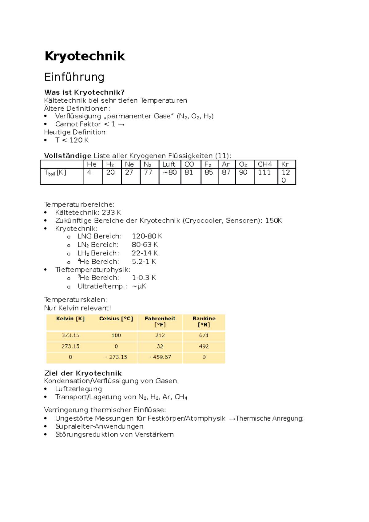 Zusammenfassung Kryo - Kryotechnik Einführung Was ist Kryotechnik ...