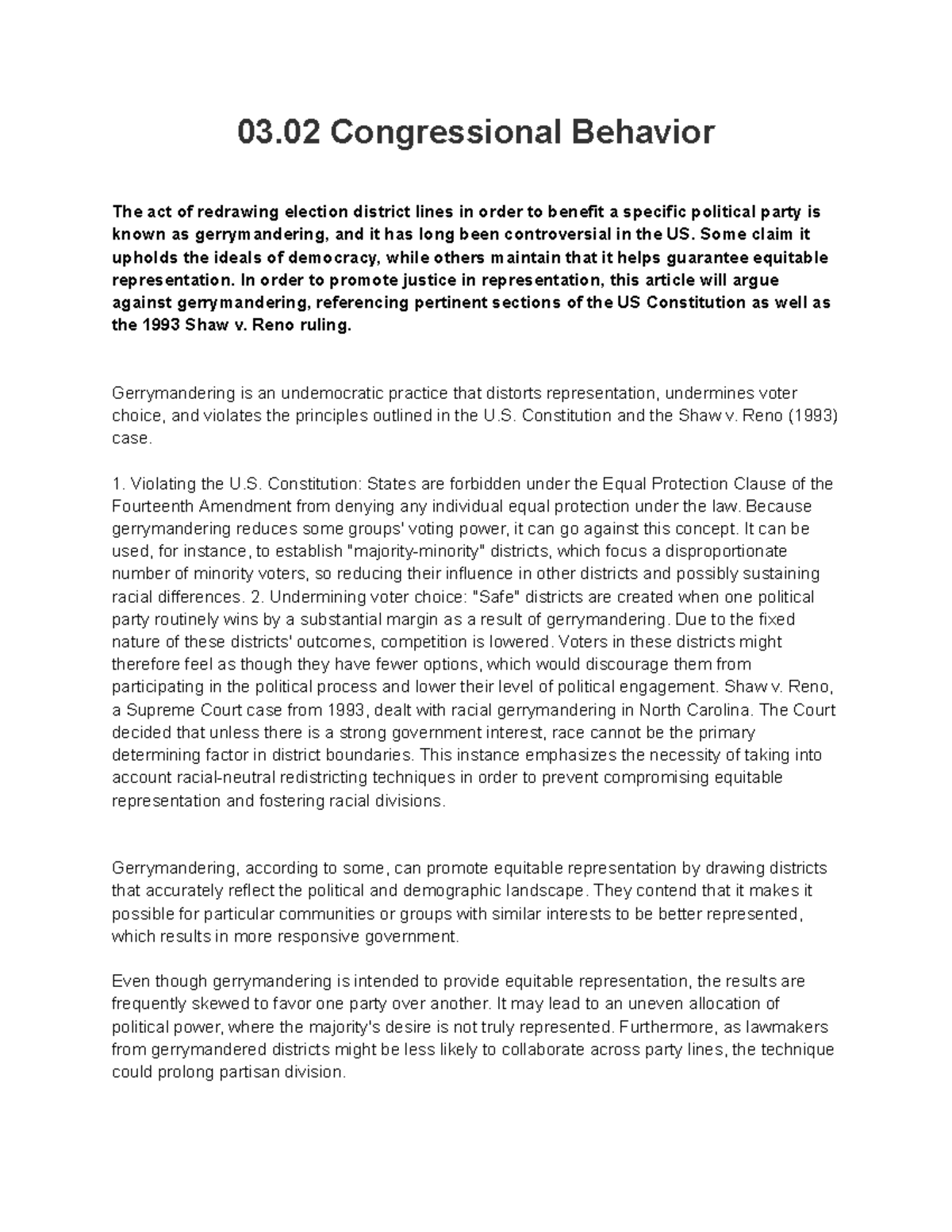 03.02 Congressional Behavior - 03 Congressional Behavior The act of redrawing election district ...