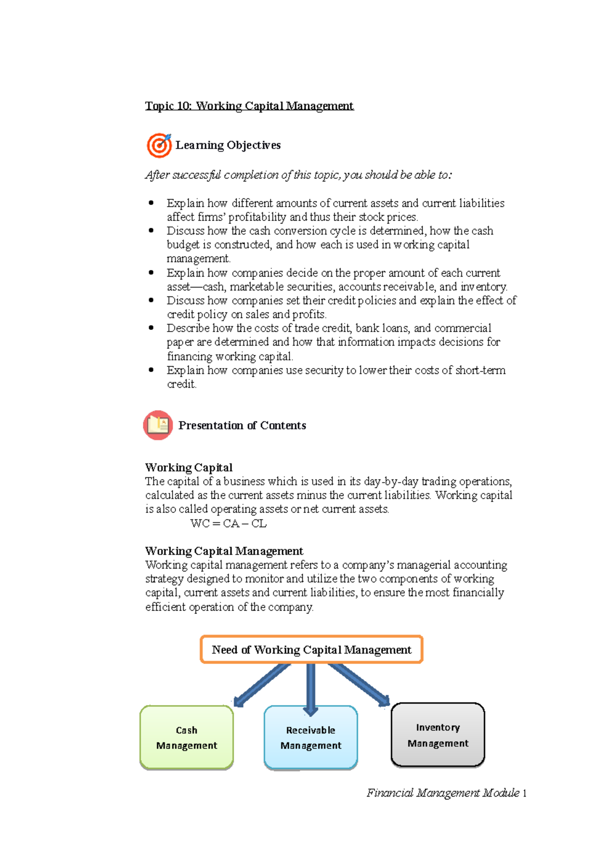 Module in Financial Management - 10 - Topic 10: Working Capital ...