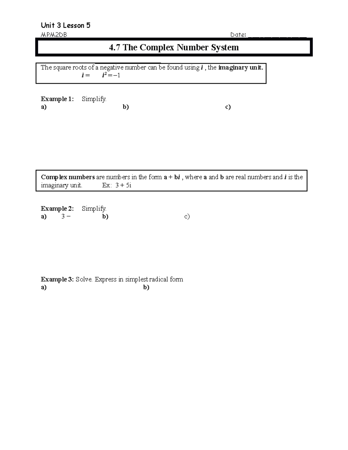 4.7 The Complex Number System - Unit 3 Lesson 5 MPM2DB Date ...