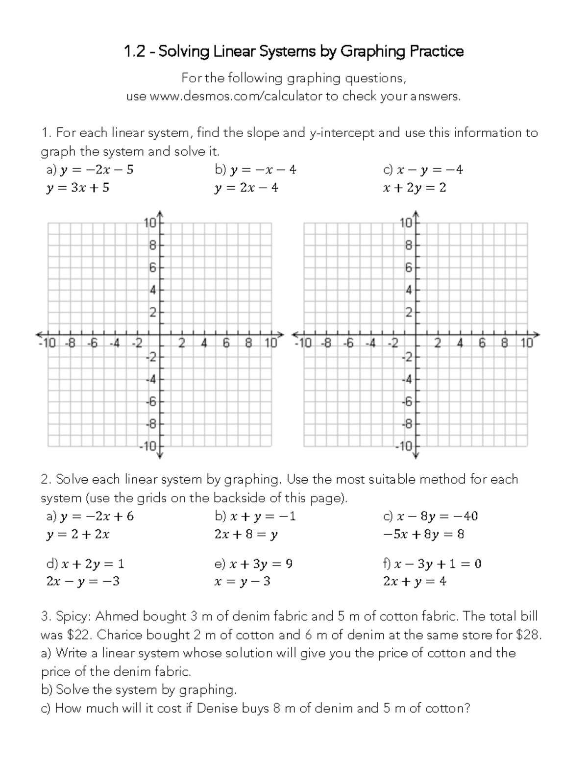 1 2 Solving Linear Systems By Graphing Practice 1 2 Solving