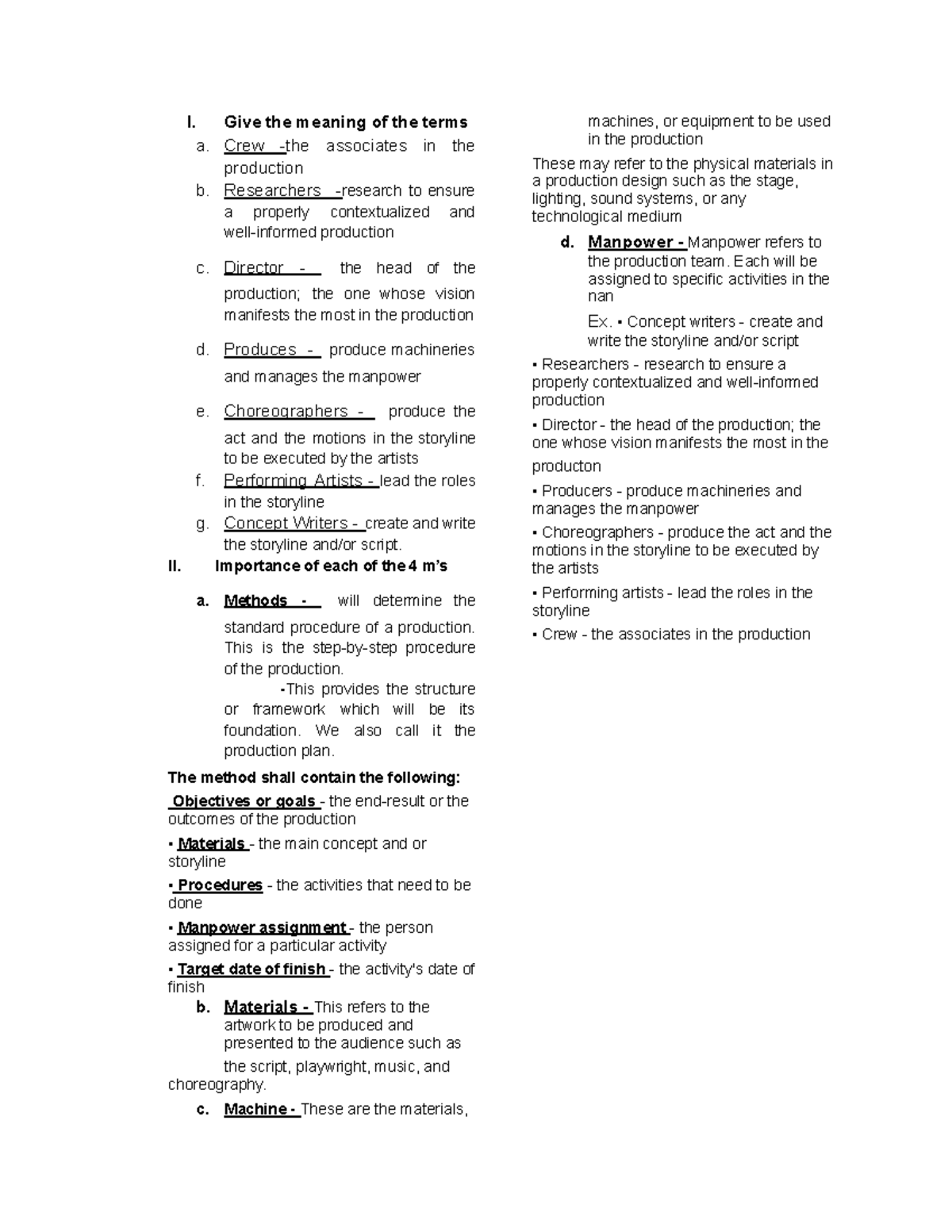 CPAR Notes - I. Give the meaning of the terms a. Crew -the associates ...