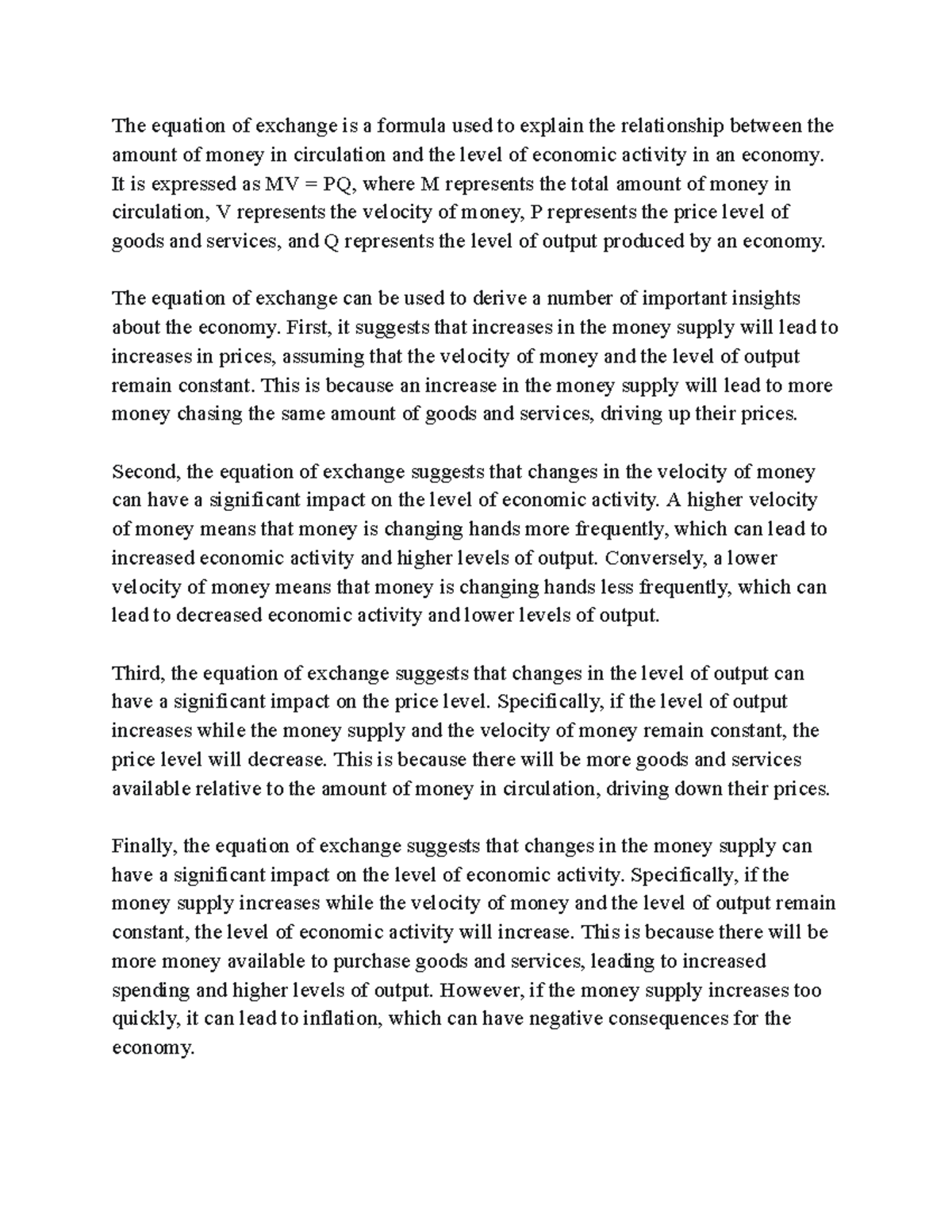 AP Macroeconomics Notes equation of exchange - The equation of exchange ...