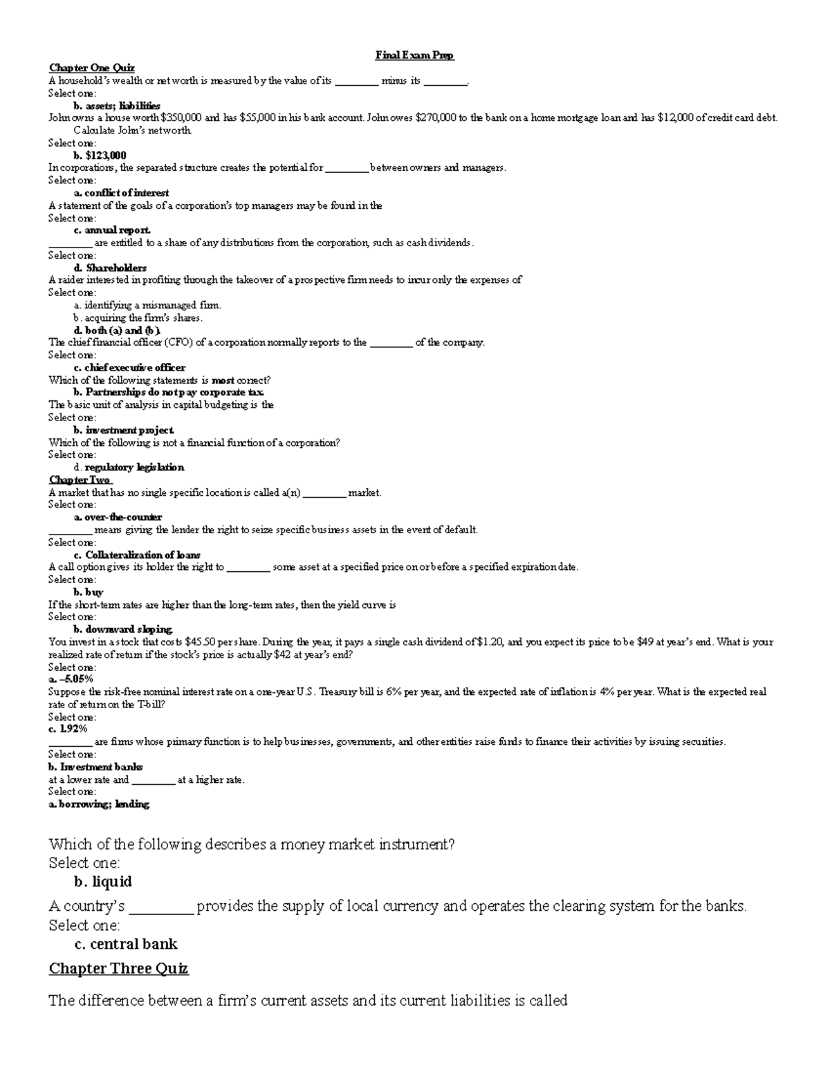Cheat Sheet for exam - Final Exam Prep Chapter One Quiz A household’s ...