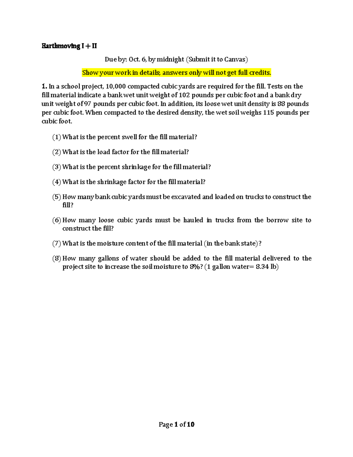 Homework 3 - Excavation Shrink swell factor - Earthmoving I + II Due by ...