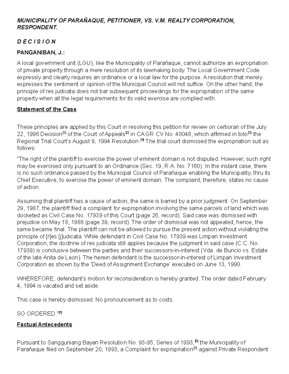 Ordinance vs resolution - MUNICIPALITY OF PARAÑAQUE, PETITIONER, VS. V ...