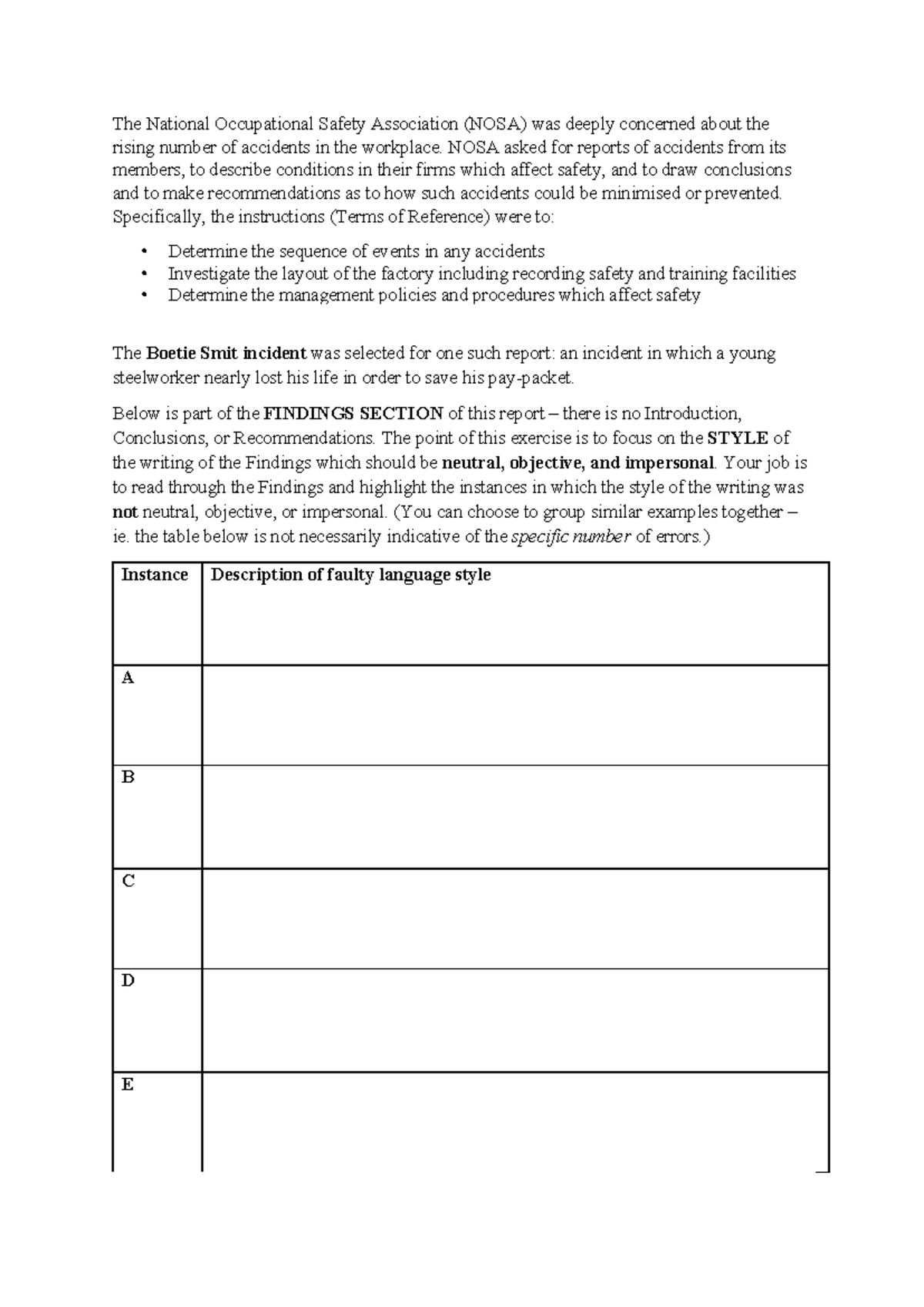 Exercise on Report Findings - The National Occupational Safety ...