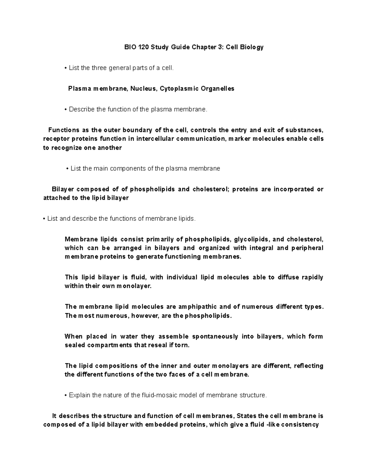 Chapter 3 study guide - BIO 120 Study Guide Chapter 3: Cell Biology ...