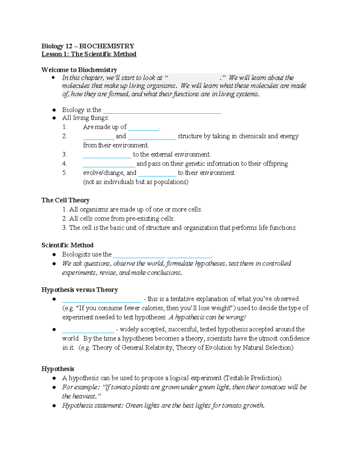 1 Biochemistry - Scientific Method - Biology 12 – BIOCHEMISTRY Lesson 1 ...