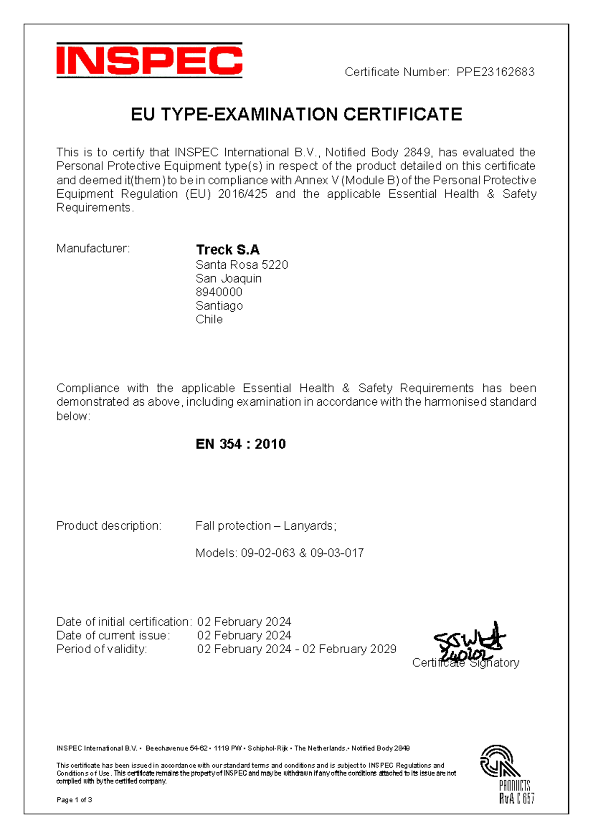 09 03 017 C1 - EPP - Certificate Number: PPE 23162683 INSPEC ...