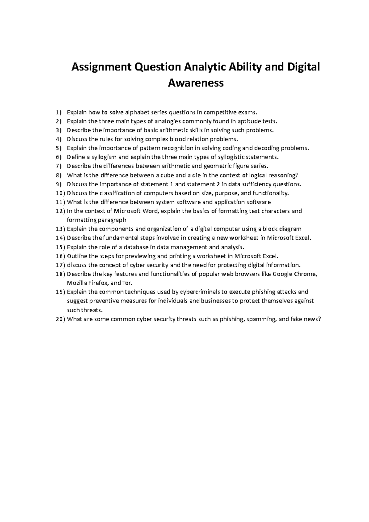 Assignment Question Analytic Ability and Digital Awareness - Assignment Question Analytic ...