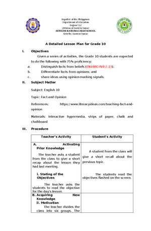 Lpcot 2 - n/a - Department of Education Arteche National High School A ...