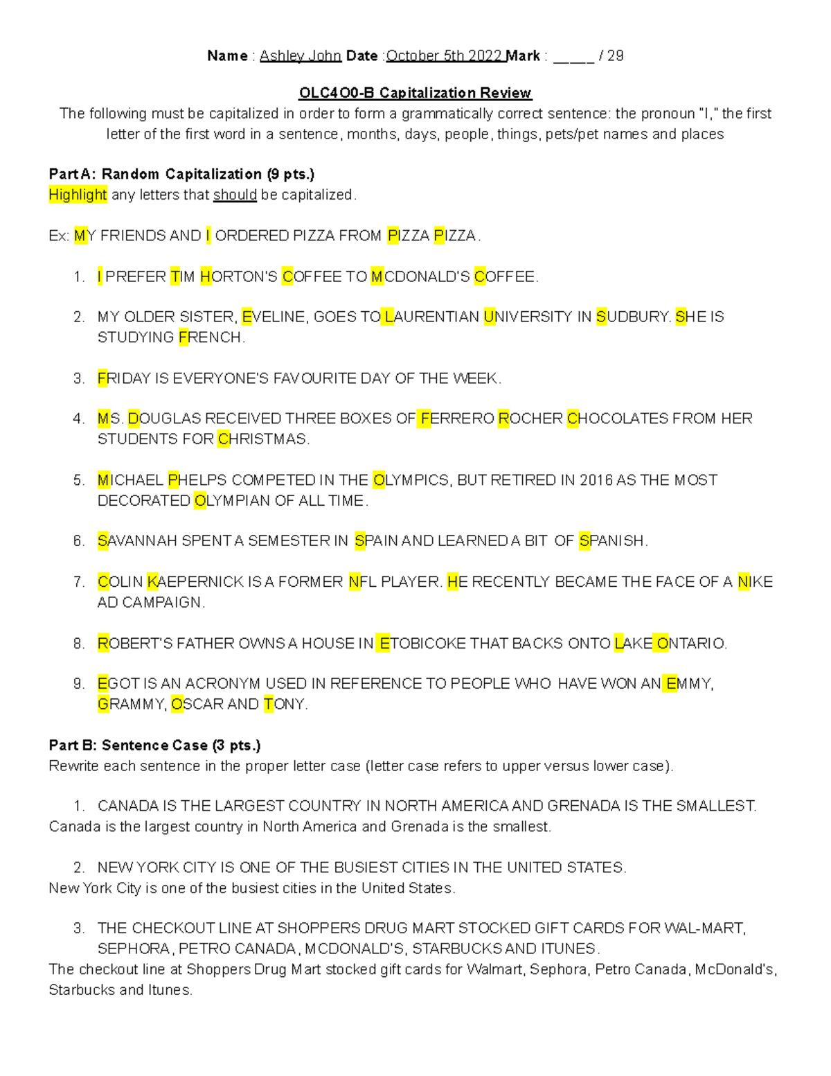 Capitalization Review Qs - Name : Ashley John Date :October 5th 2022 ...