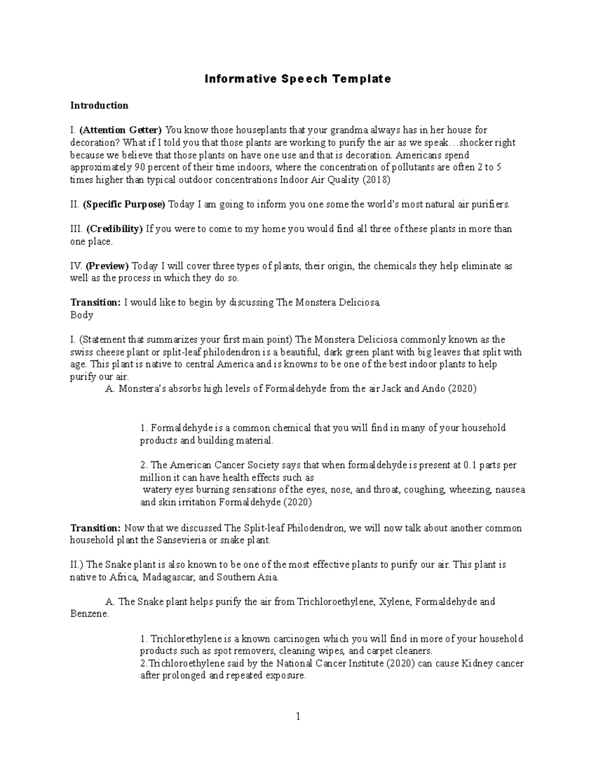 Informative Outline 2 - Informative Speech Template Introduction I ...
