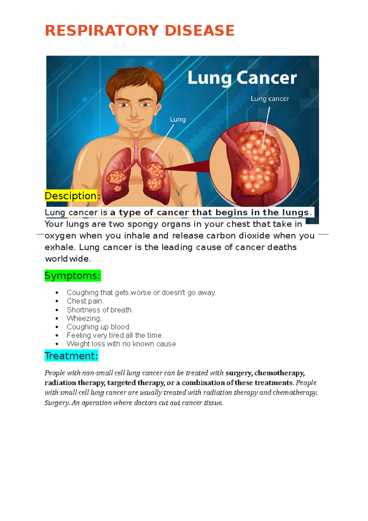 Science LUNG Cancer - RESPIRATORY DISEASE Desciption: Lung cancer is a ...