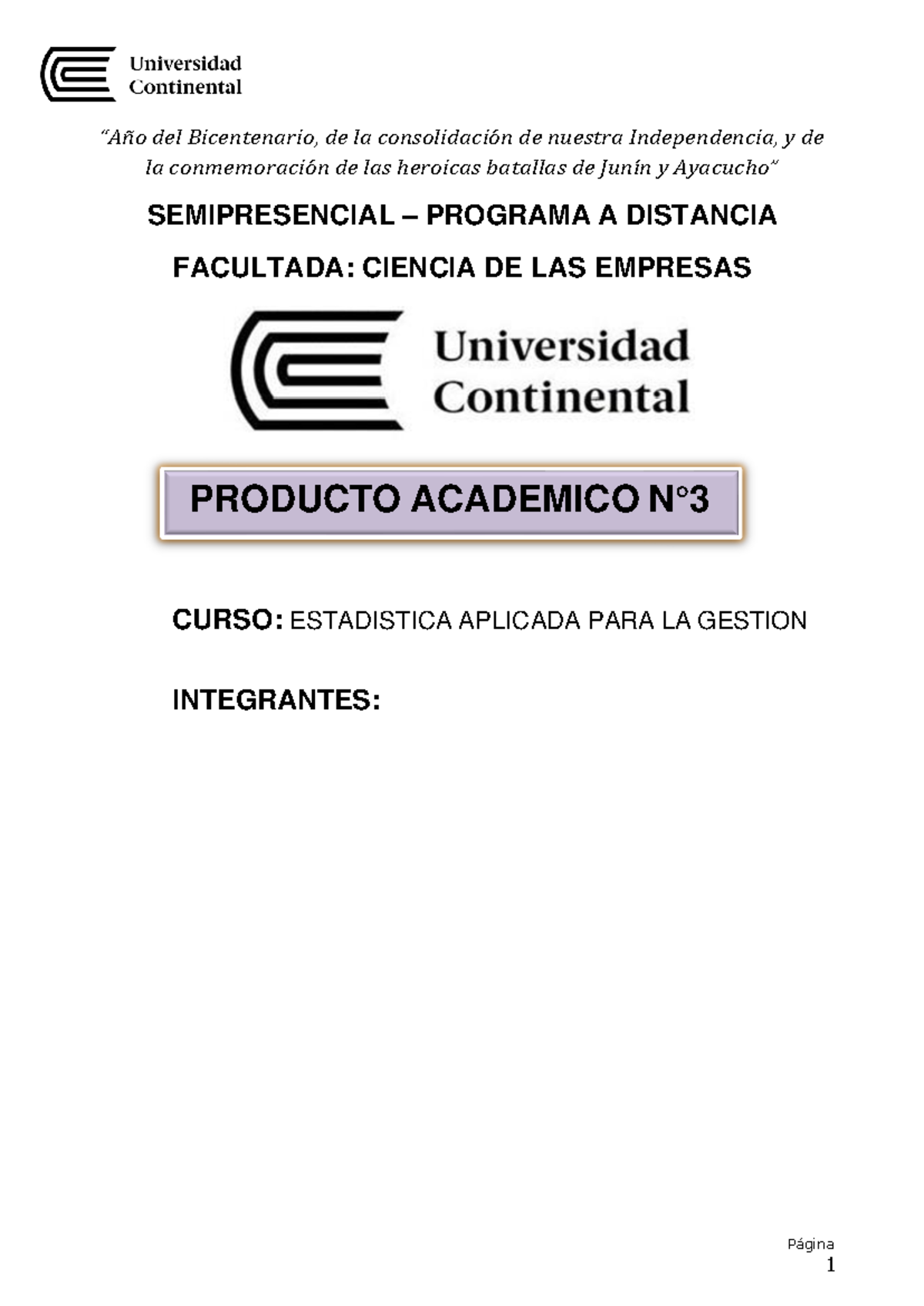PA 3 - Estadistica - Página PRODUCTO ACADEMICO N° “Año del Bicentenario, de la consolidación de ...