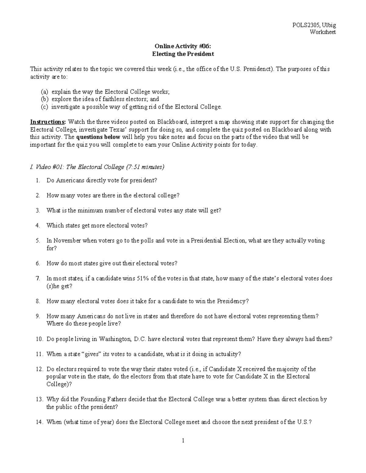 Online Activity 06 Worksheet - Worksheet Online Activity #06: Electing ...