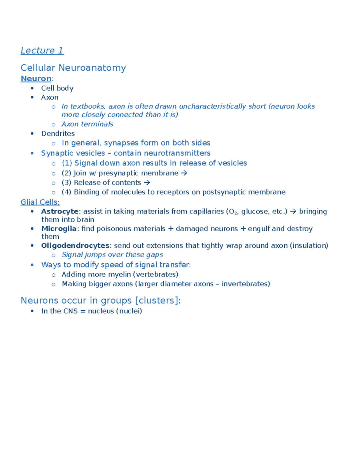 PSYCH 2230 - Lectures - Lecture 1 Cellular Neuroanatomy Neuron: Cell ...