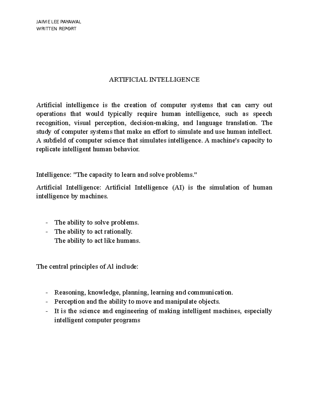 Jaime LEE Payawal - Written Report - WRITTEN REPORT ARTIFICIAL ...