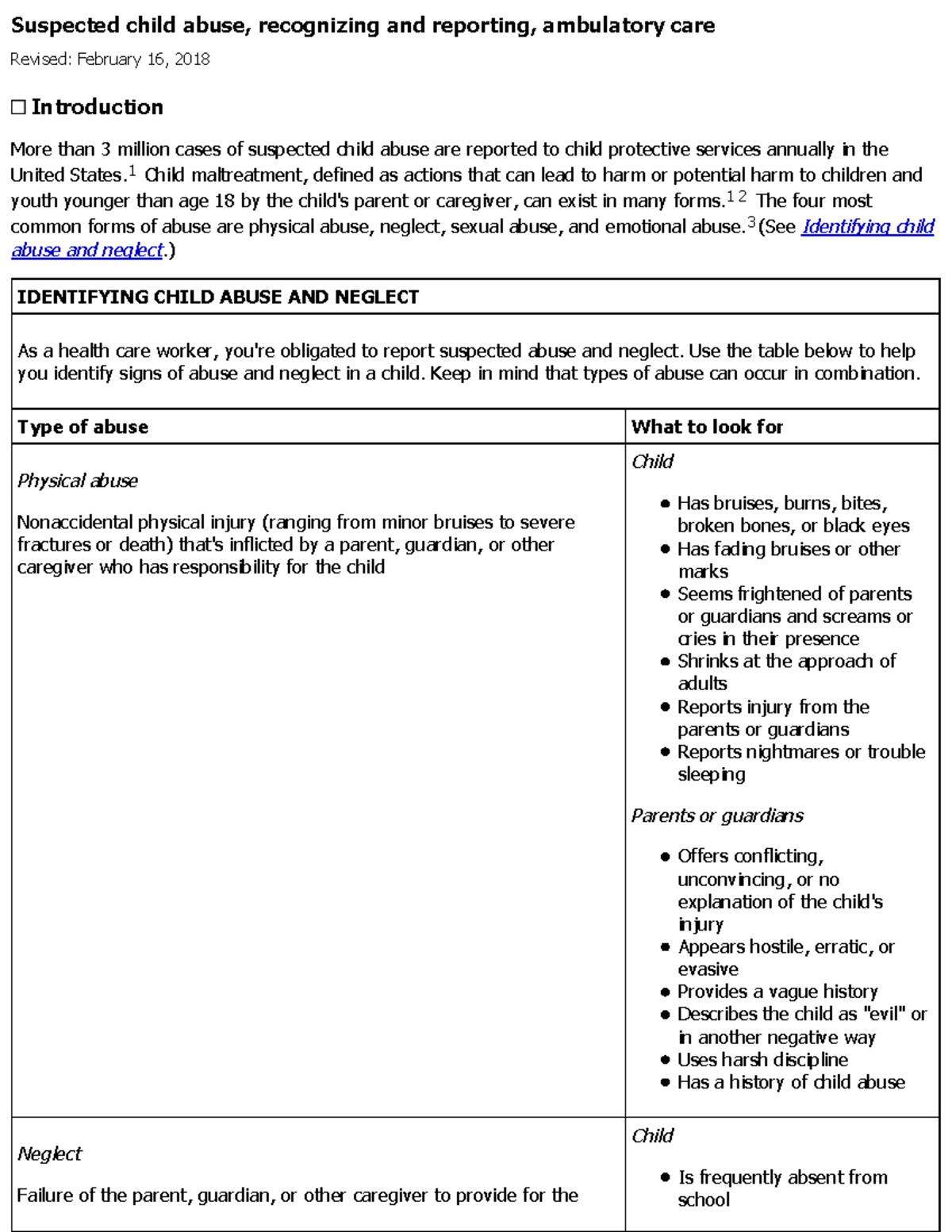 Suspected child abuse, recognizing and reporting, ambulatory care ...