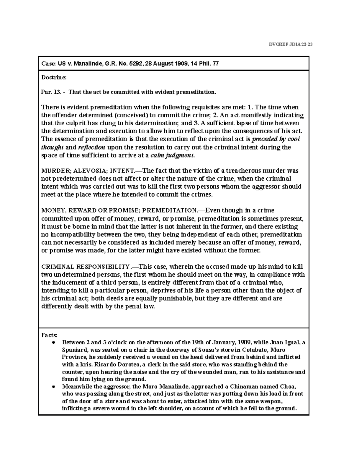 Week 10 Digests - case digest crim law - DVOREF JD1A 22- Case: US v ...