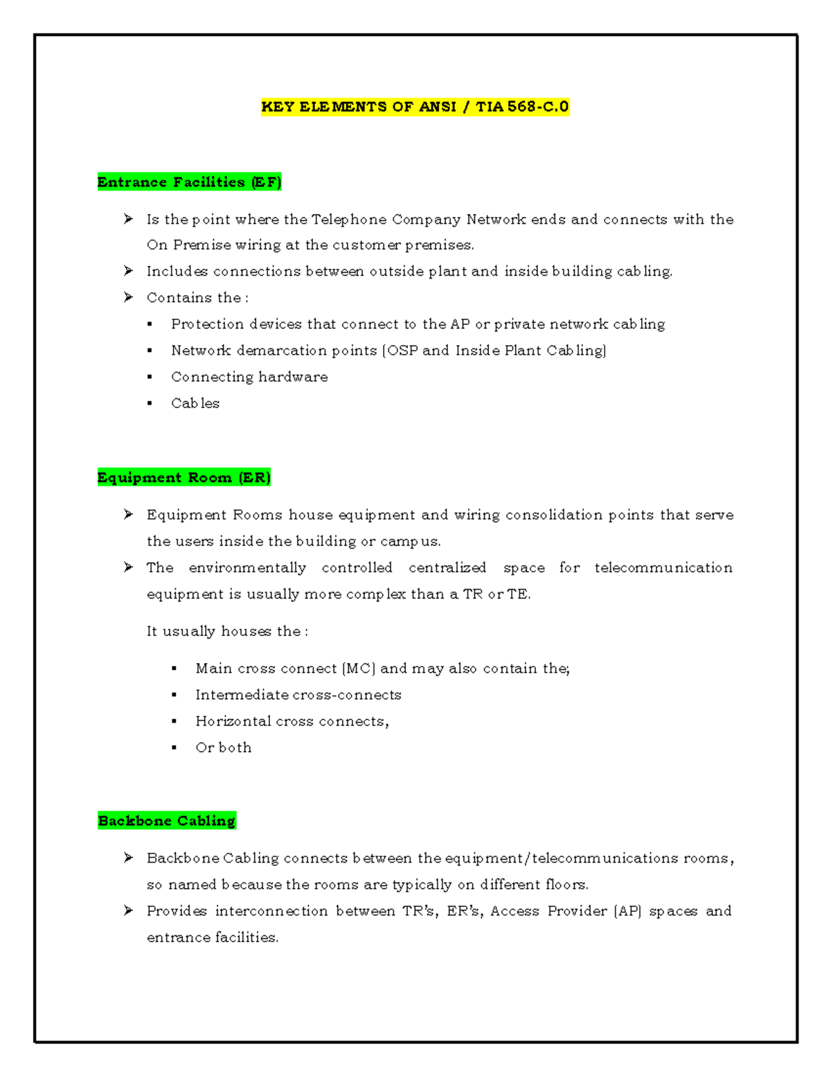 Key Elements of 568-C - INTECH 3110 - COMPUTER NETWORKS - KEY ELEMENTS ...
