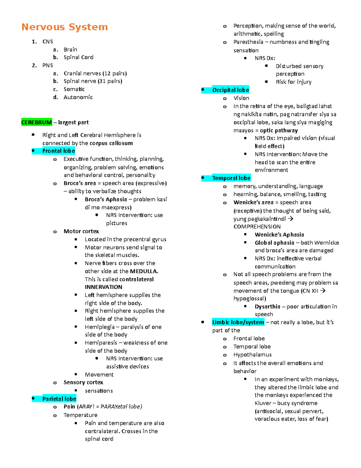 Nervous System - Reviewer PNLE - Nervous System 1. CNS a. Brain b ...