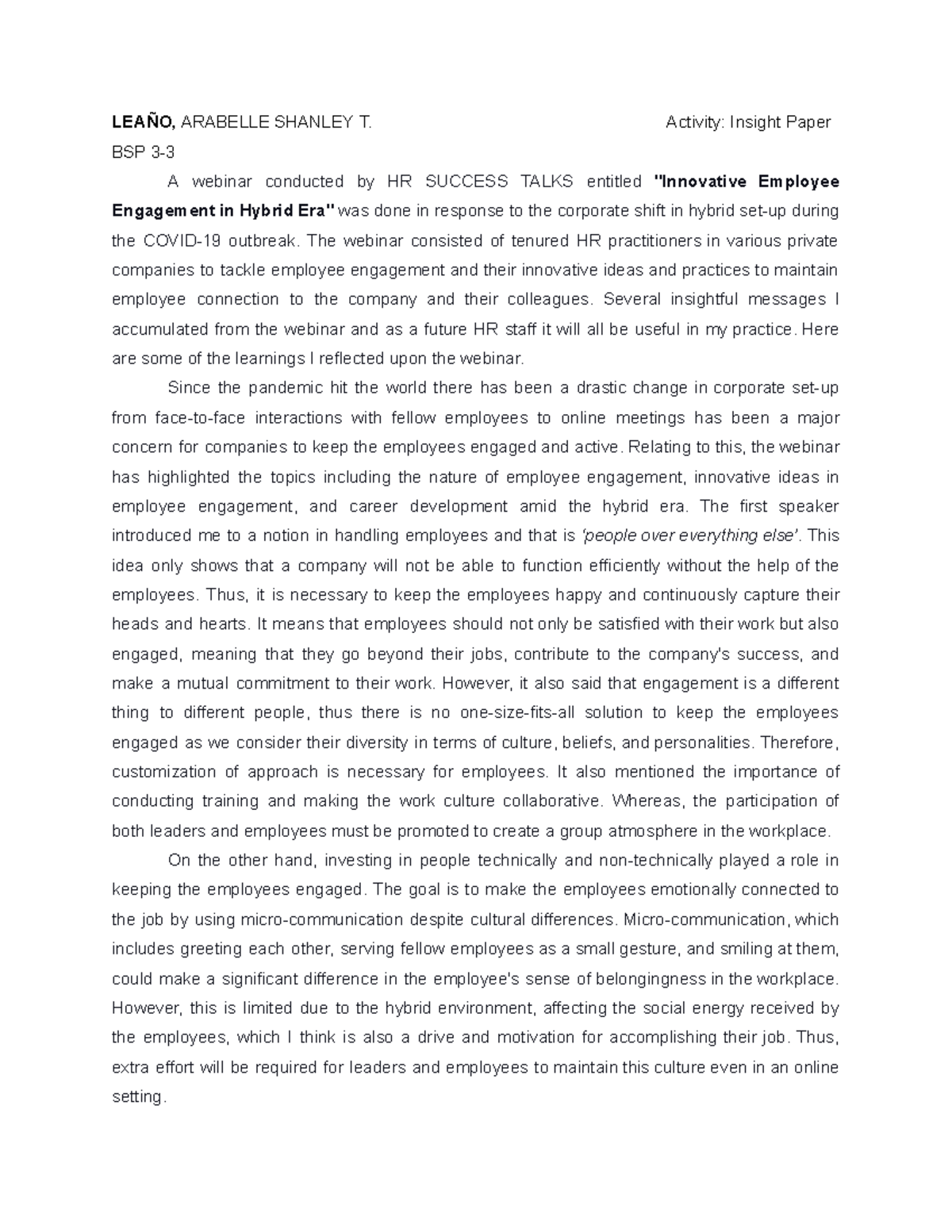 Leaño Activity- Insight Paper (HR Success Talks) - LEAÑO, ARABELLE ...