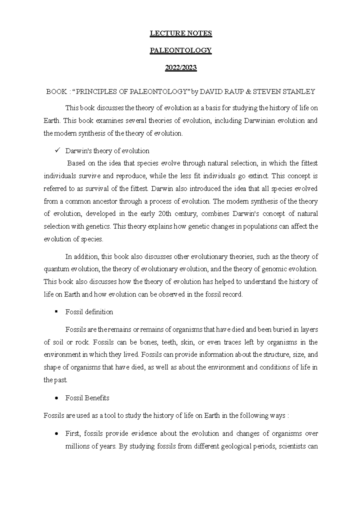 Lecturer Notes Paleontology Pure Biology - LECTURE NOTES PALEONTOLOGY ...