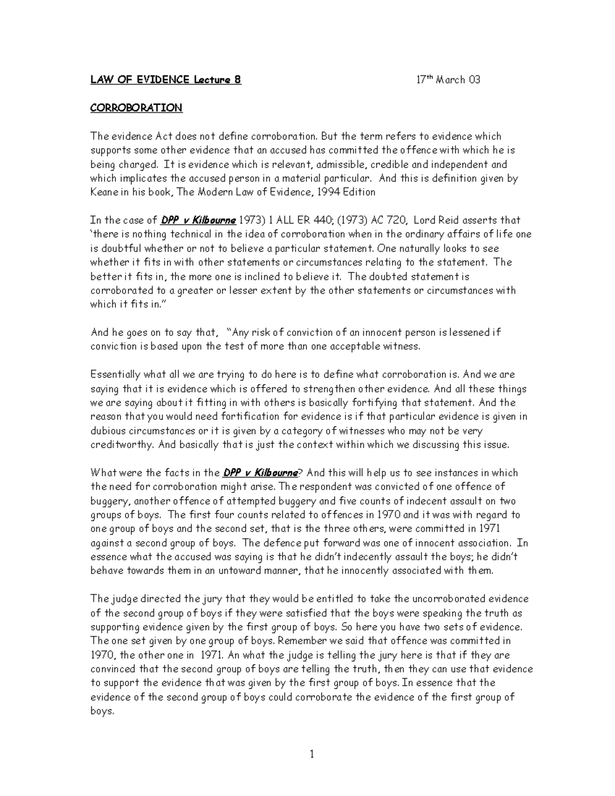 Corroboration - evedence - LAW OF EVIDENCE Lecture 8 17 th March 03 ...