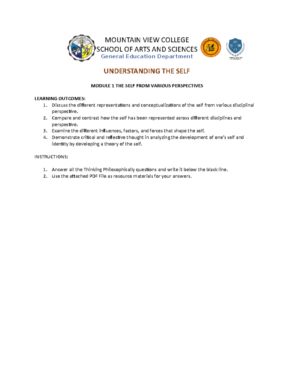 Module 1 Prelim - Philosophy - MOUNTAIN VIEW COLLEGE SCHOOL OF ARTS AND ...