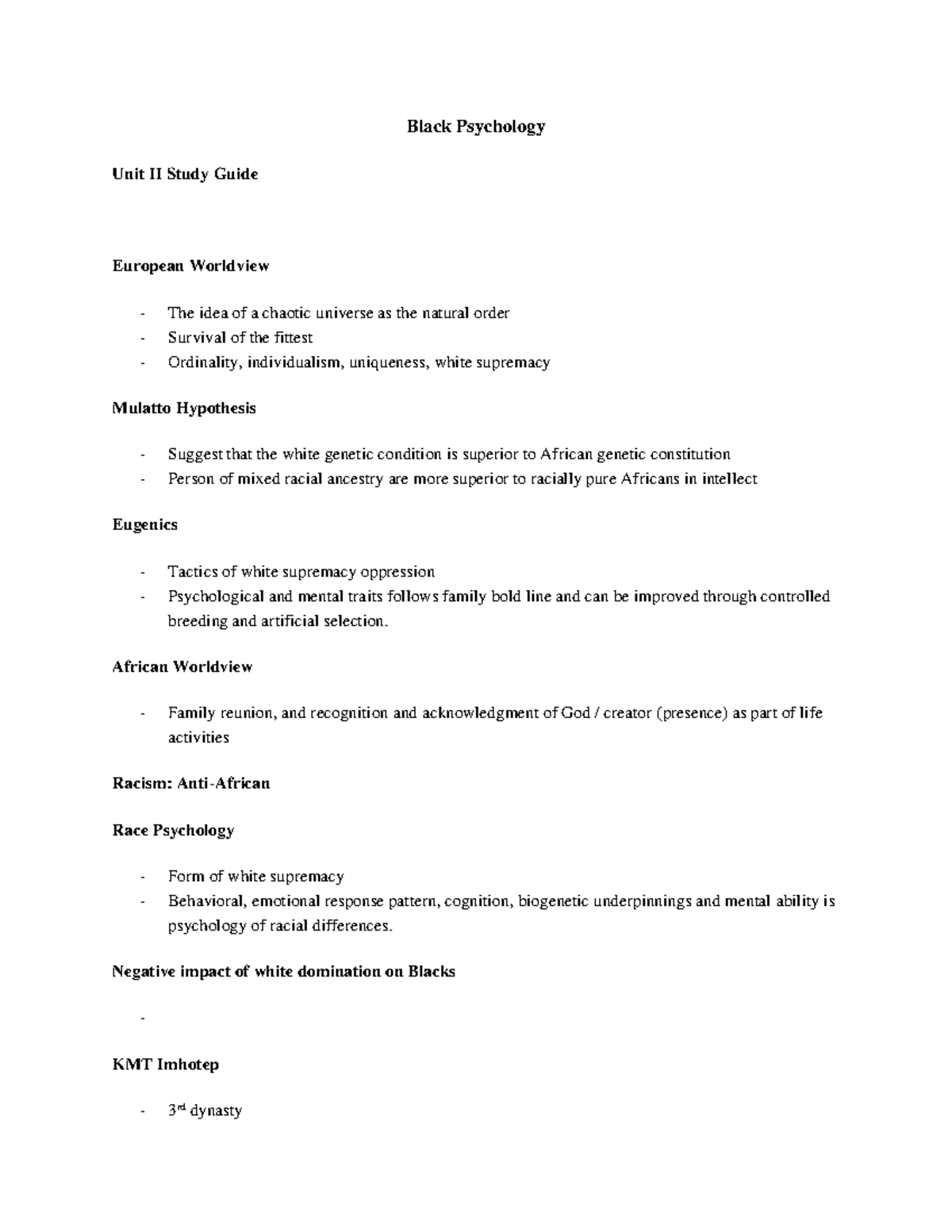Blck psy study 2 - Black Psychology Unit II Study Guide European ...
