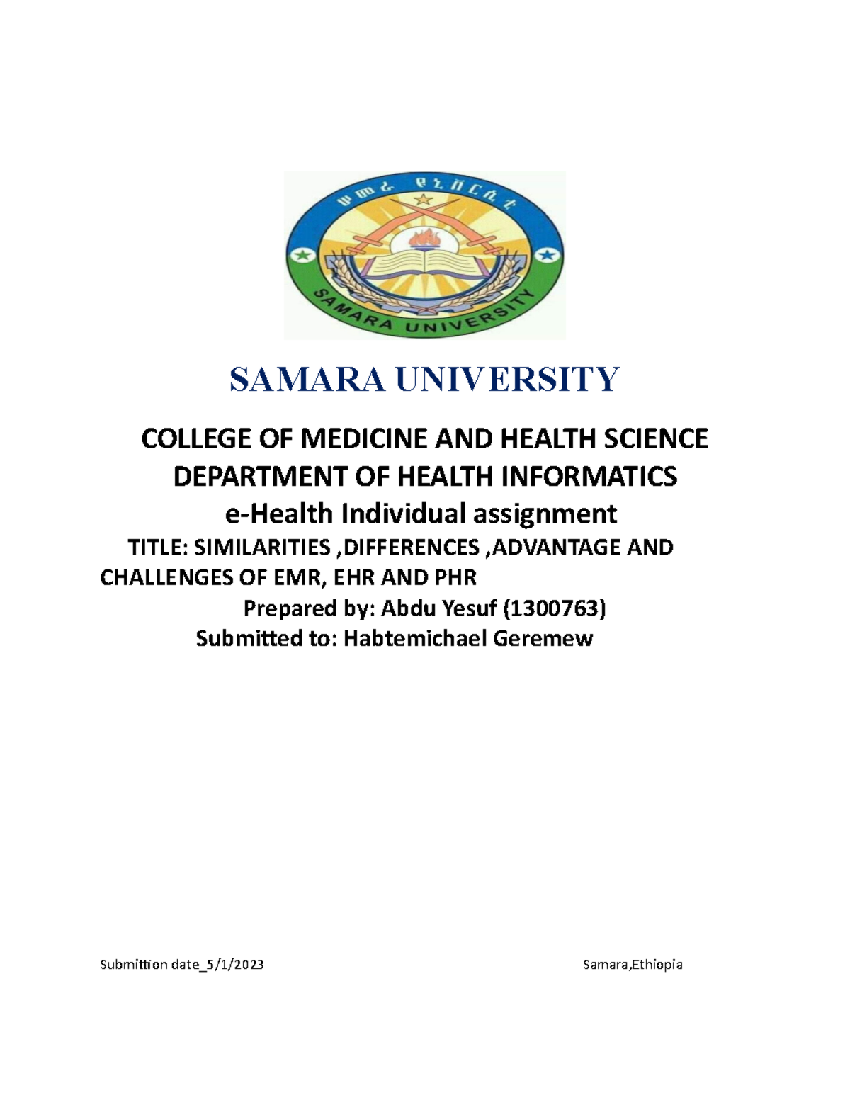 E health individual - Nursing - SAMARA UNIVERSITY COLLEGE OF MEDICINE ...