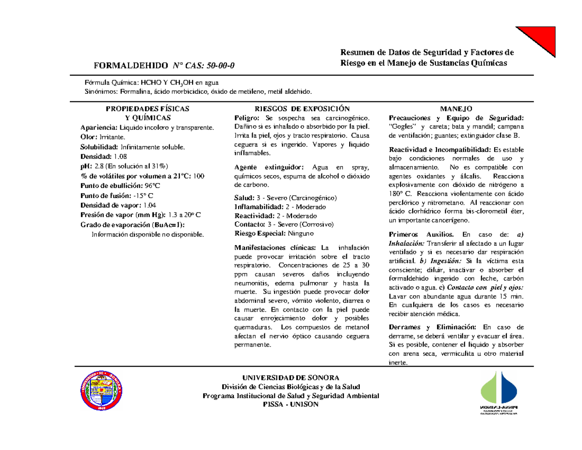 Formaldehido - TESIS - FORMALDEHIDO N° CAS: 50-00- Resumen de Datos de ...