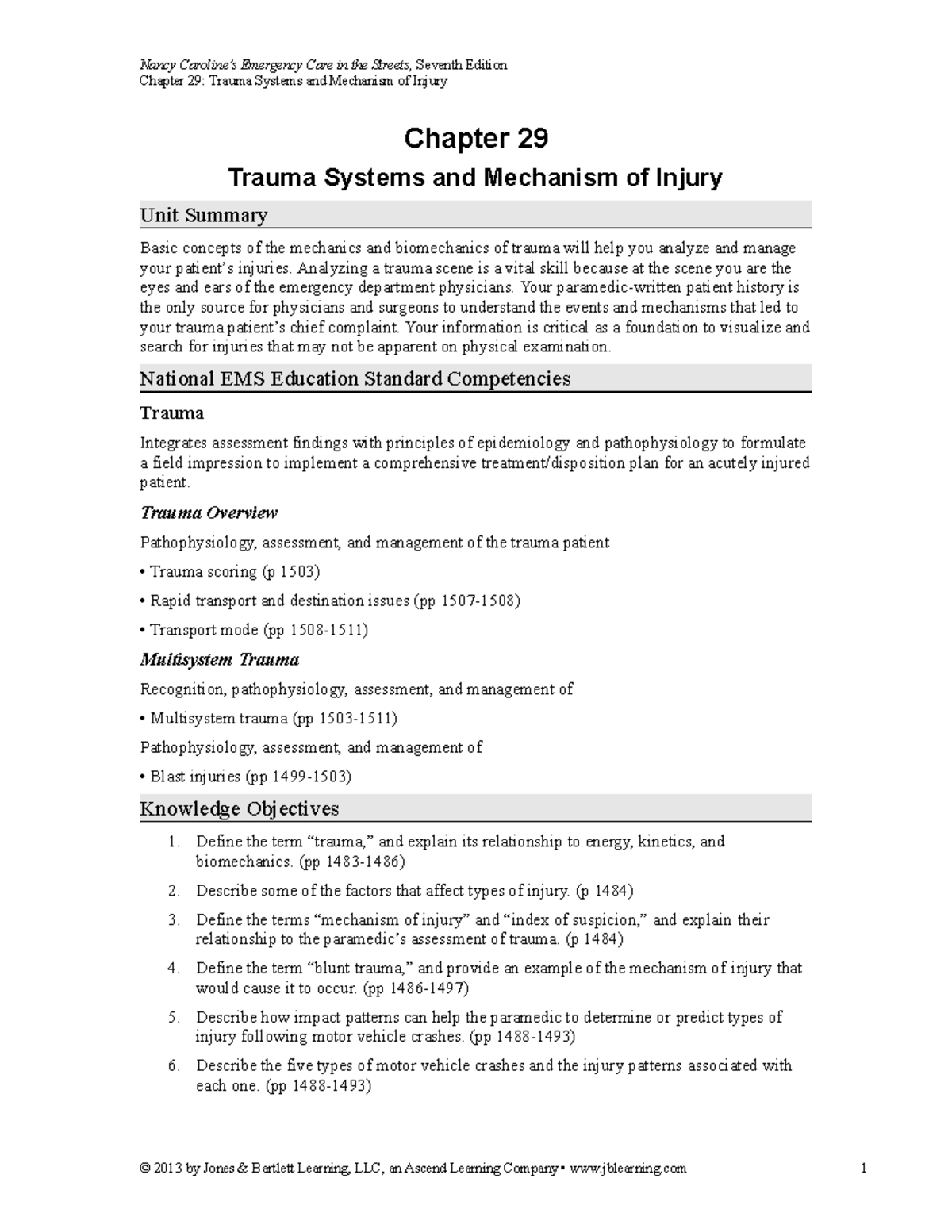 Lessonplan chapter 29 - Notes - Chapter 29: Trauma Systems and ...
