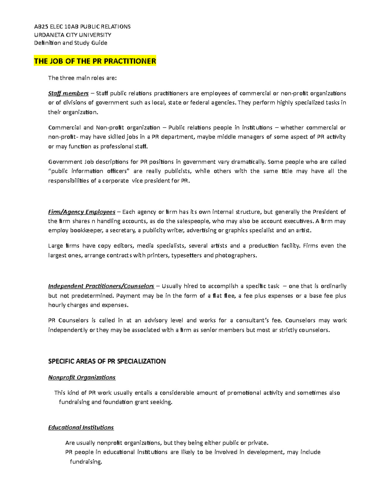 THE JOB OF THE PR Practitioner - URDANETA CITY UNIVERSITY Definition ...
