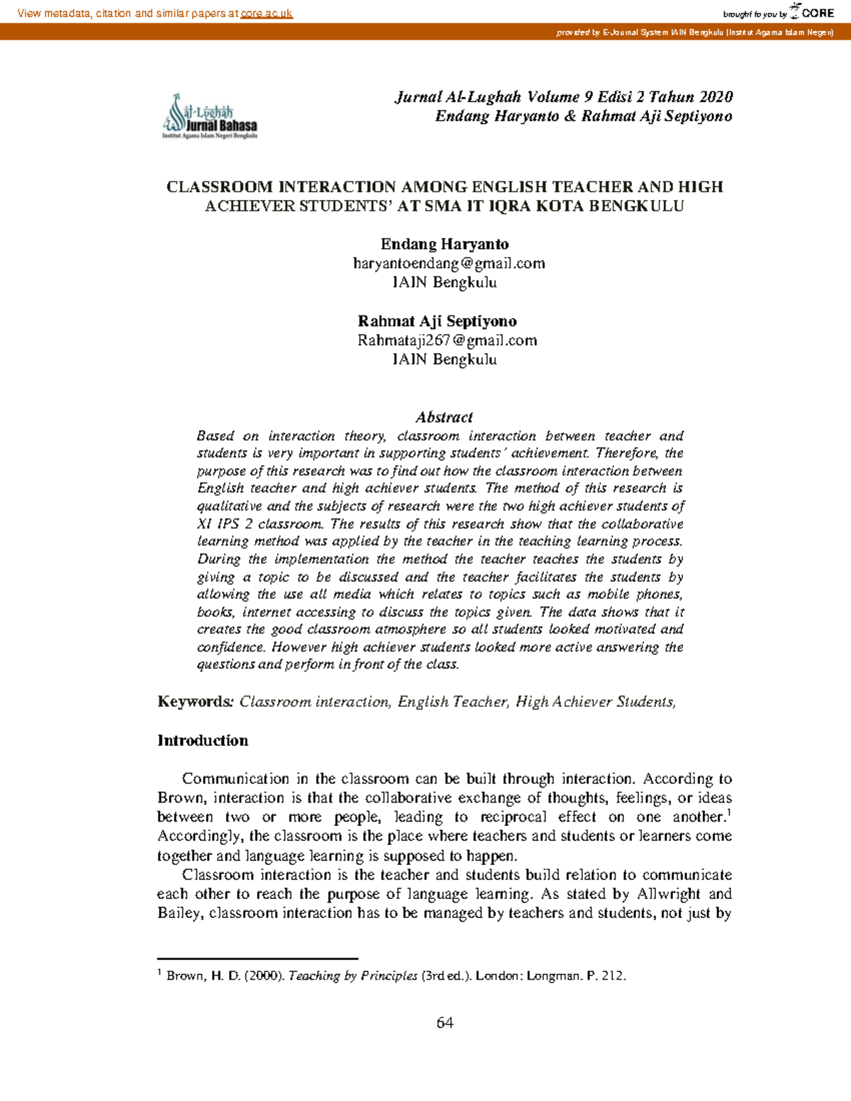 Classroom Interaction Among English Teacher And High Achiever Students ...