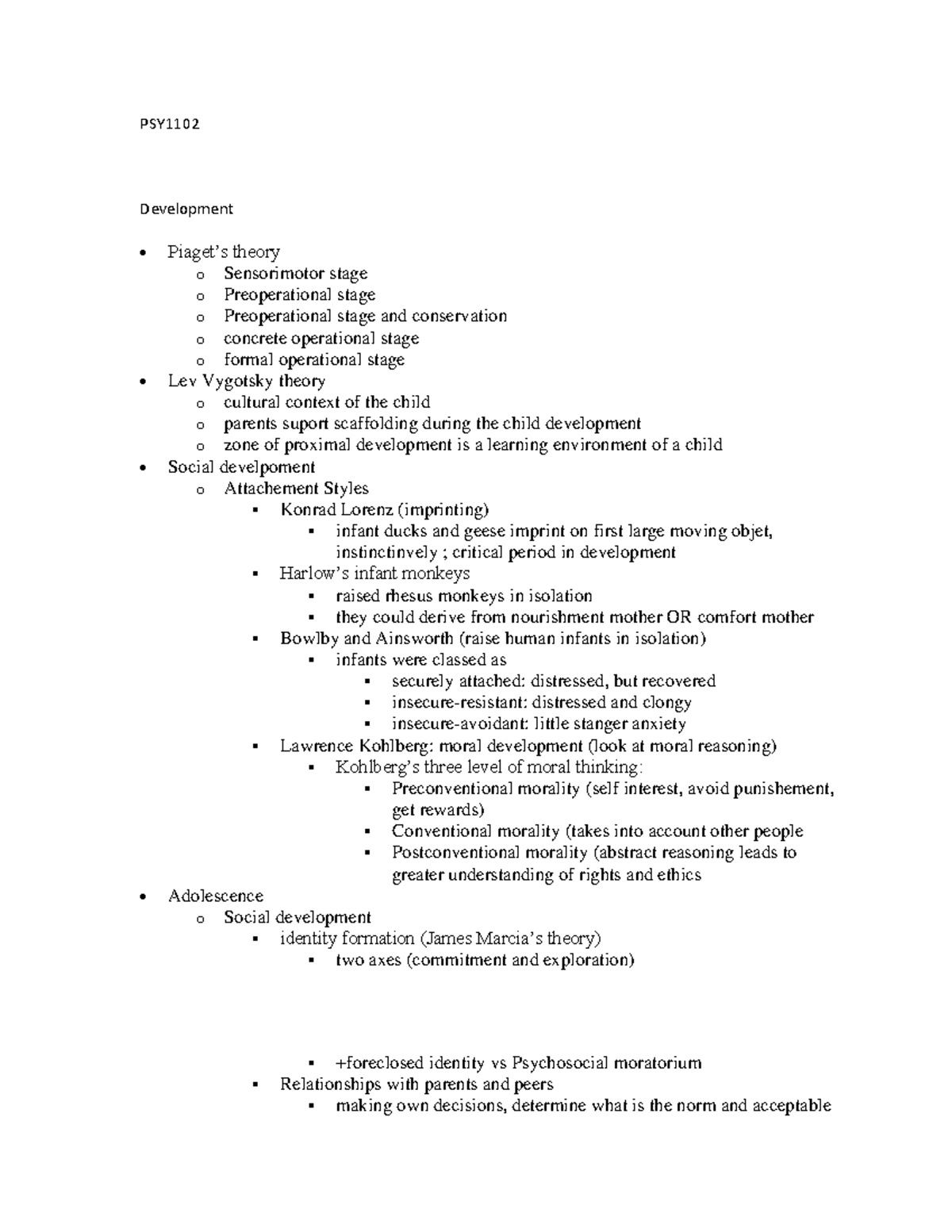 PSY1102 Development - PSY1 102 Development • Piaget’s theory o ...