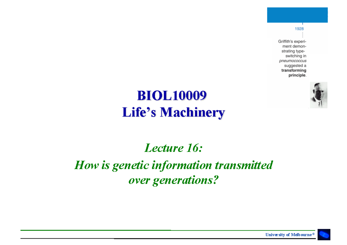 Lecture 16 on Genetics over Generations - BIOL Life’s Machinery Lecture ...