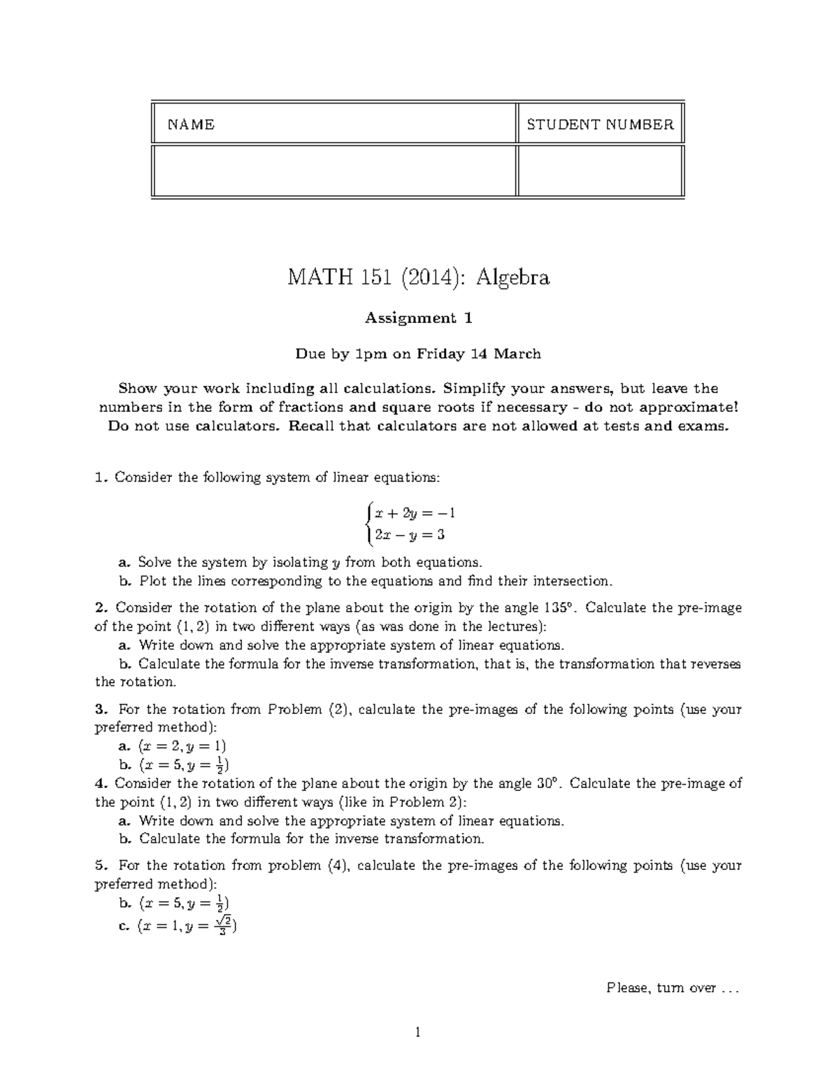Tutorial Problems 1 - NAME STUDENT NUMBER MATH 151 (2014): Algebra ...