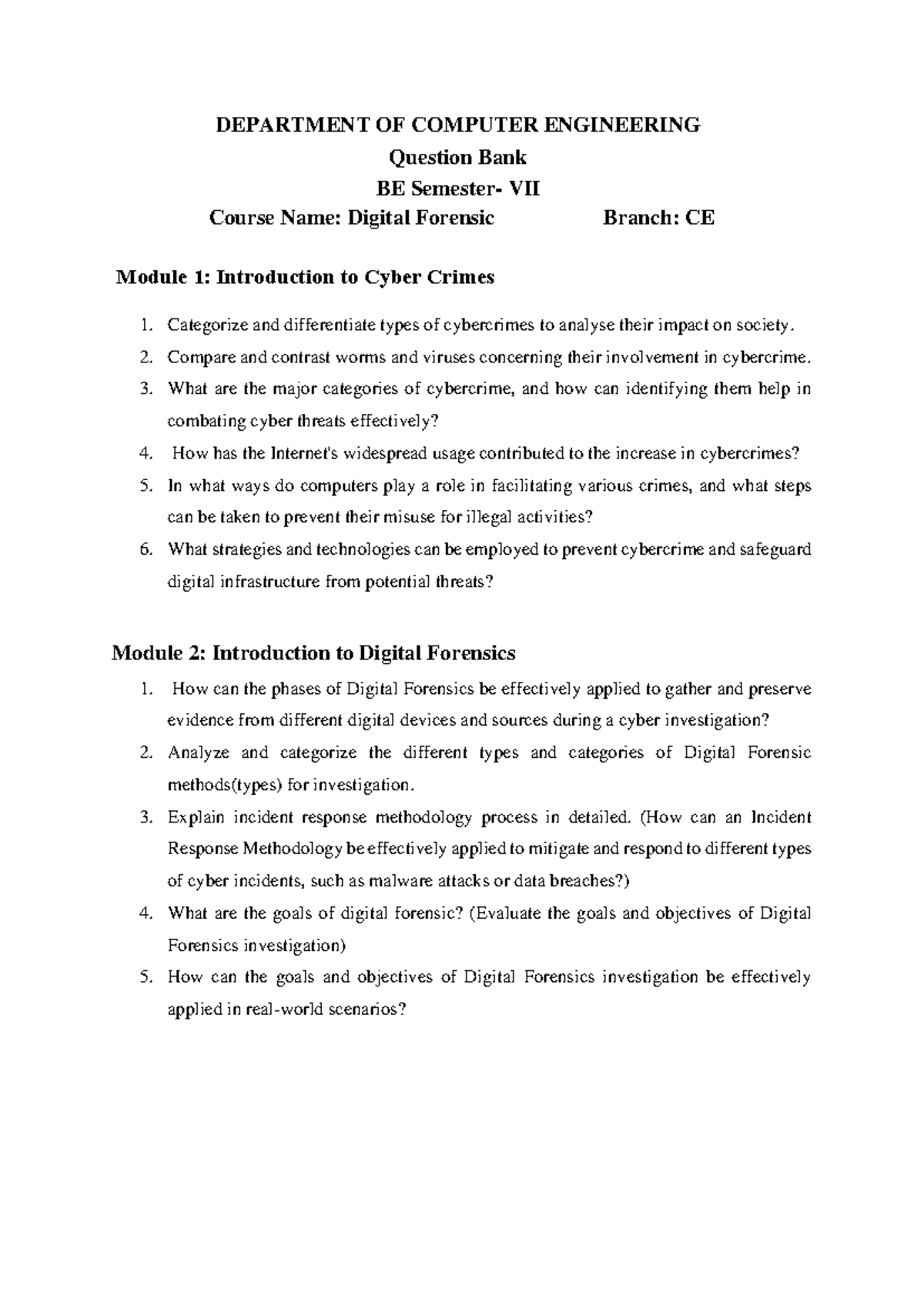 All Modules Question Bank - DEPARTMENT OF COMPUTER ENGINEERING Question ...
