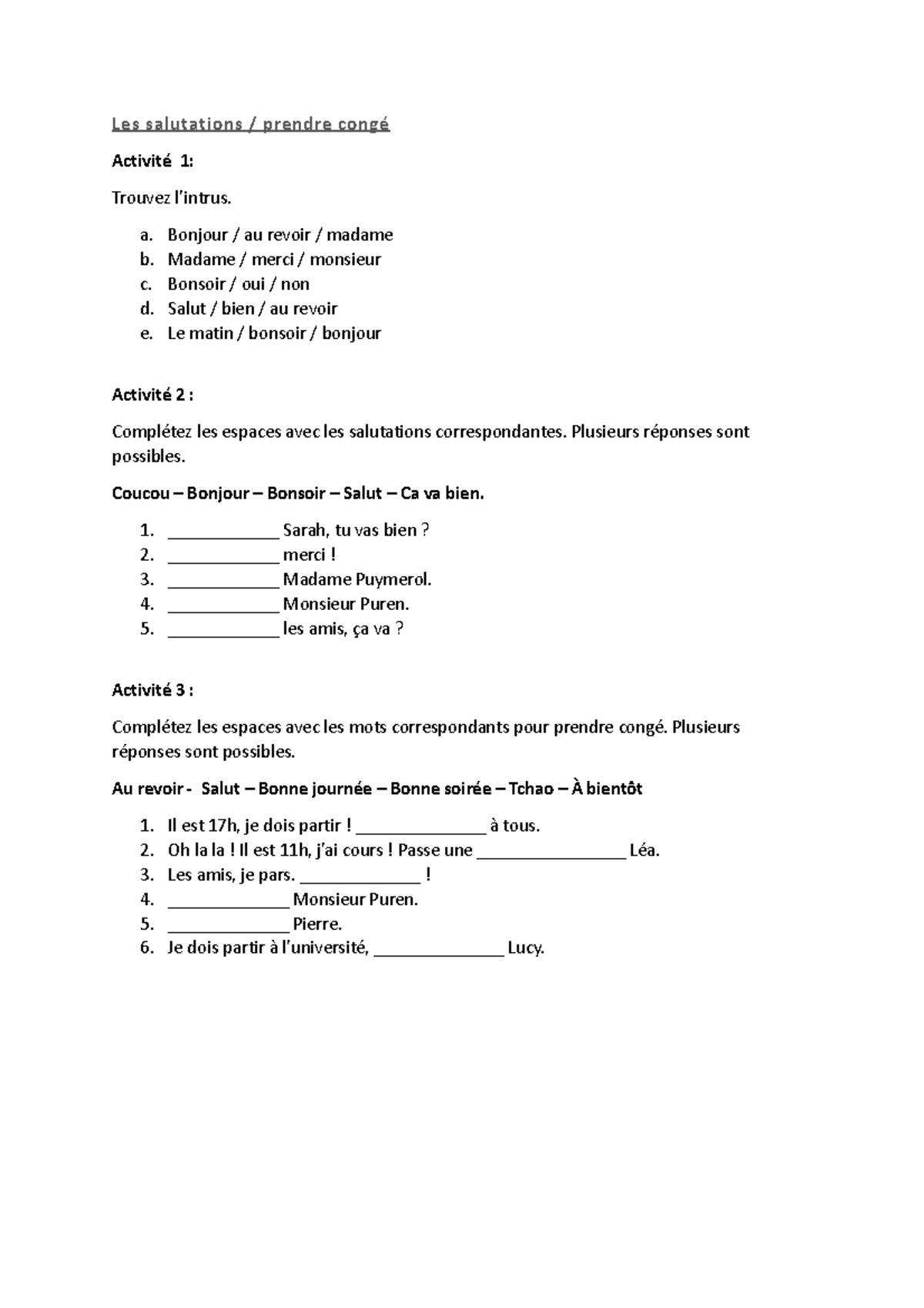 Devoir Saluer 2 - Les salutations / prendre congé Activité 1: Trouvez l ...