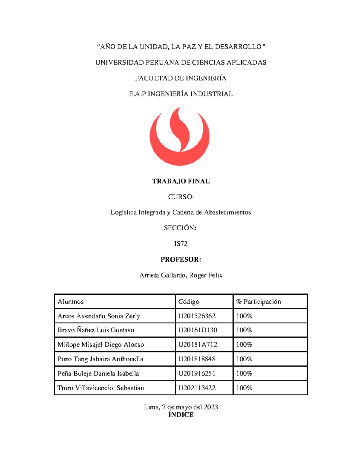 TF IS72 Grupo 6 - trabajo final del curso de logística - “AÑO DE LA ...